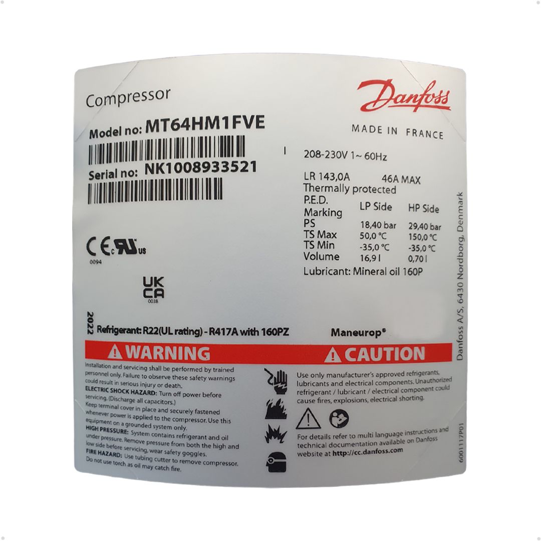 Compressor Danfoss 5,5HP a 6,5HP Monofásico 220V R22 MT64-1VI - Cibrel