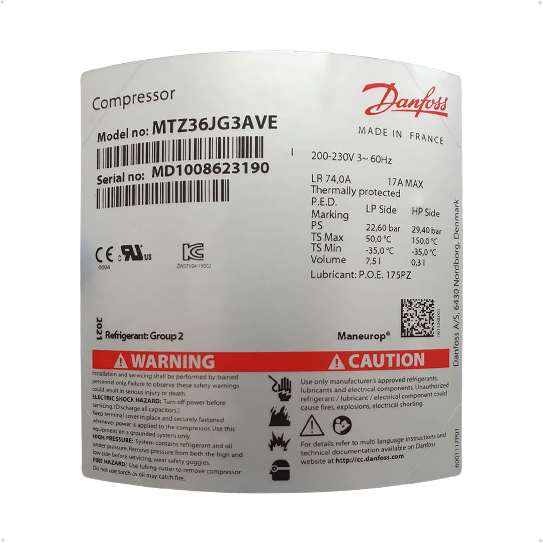 Compressor Danfoss 3,25HP a 3,5 Trifásico 220V MTZ36-3VI - Cibrel