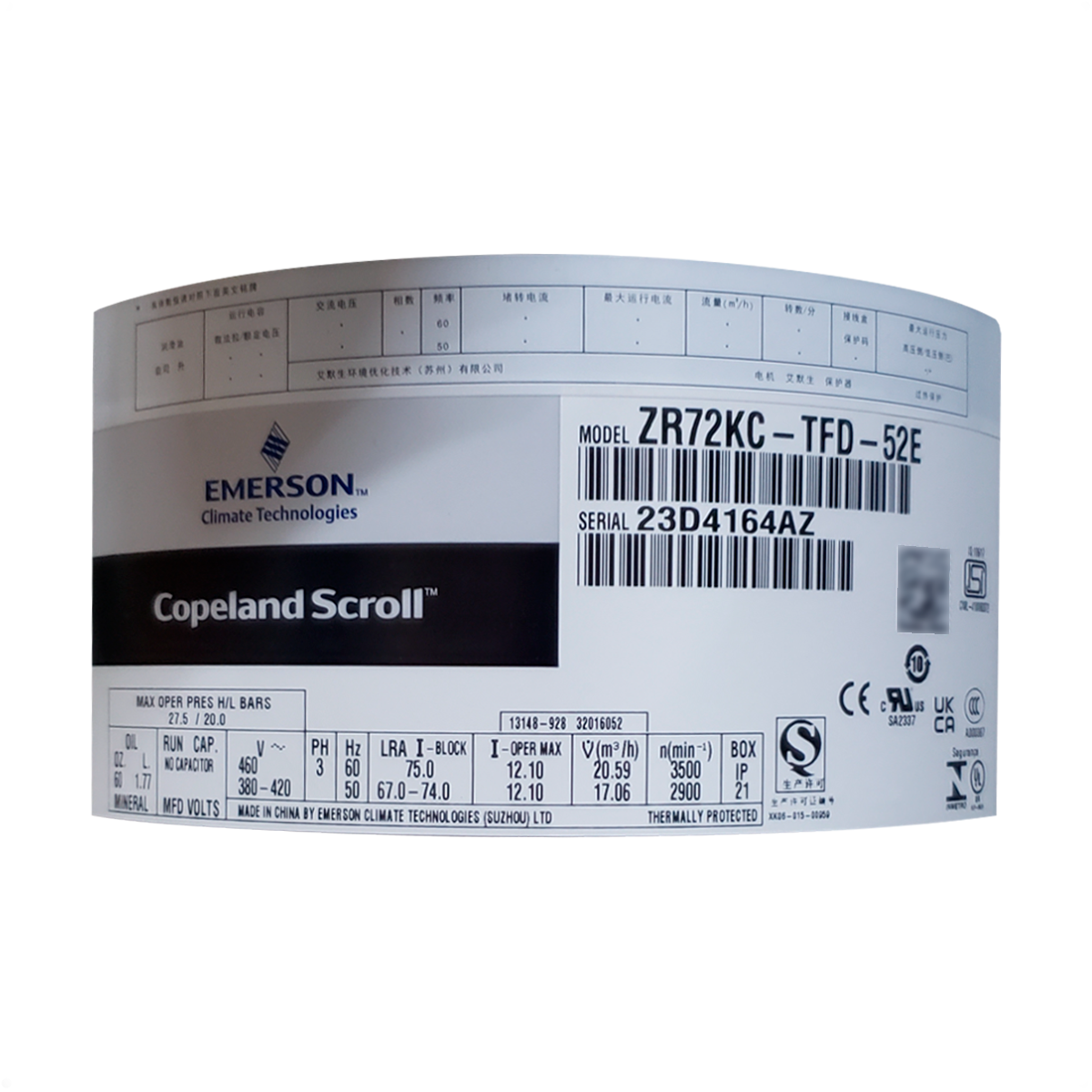 Compressor Scroll Copeland 6TR Trifásico 460V ZR72KC-TFD-52E - Cibrel