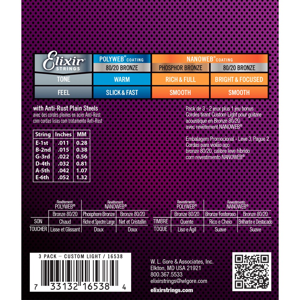 Encordoamento Violão Elixir 011-052 Custom Light Bronze 80/20 Nanoweb ...
