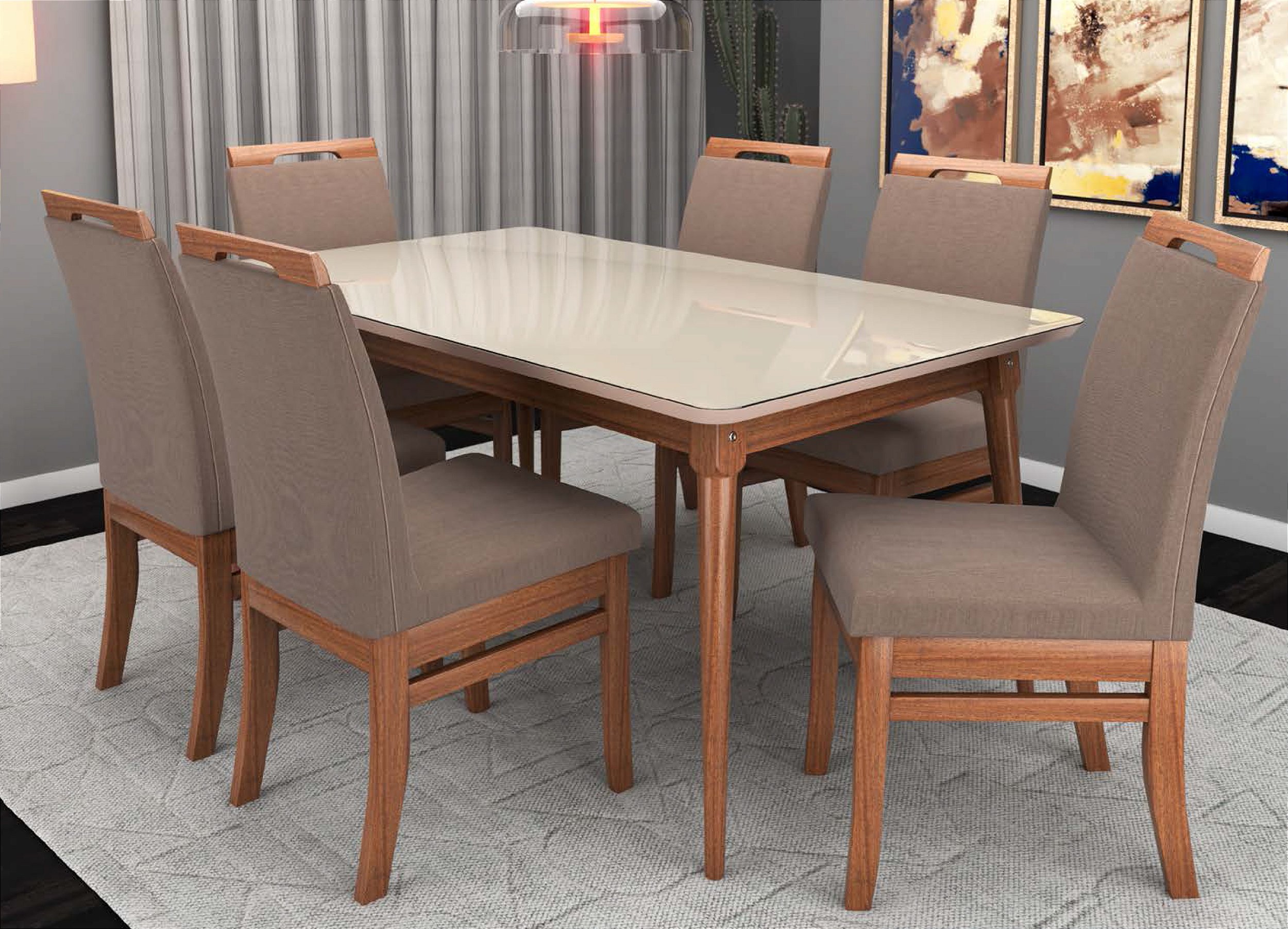 Mesa de Jantar Atenas 6 lugares Base Maciça Tampo com Vidro - Casa ...