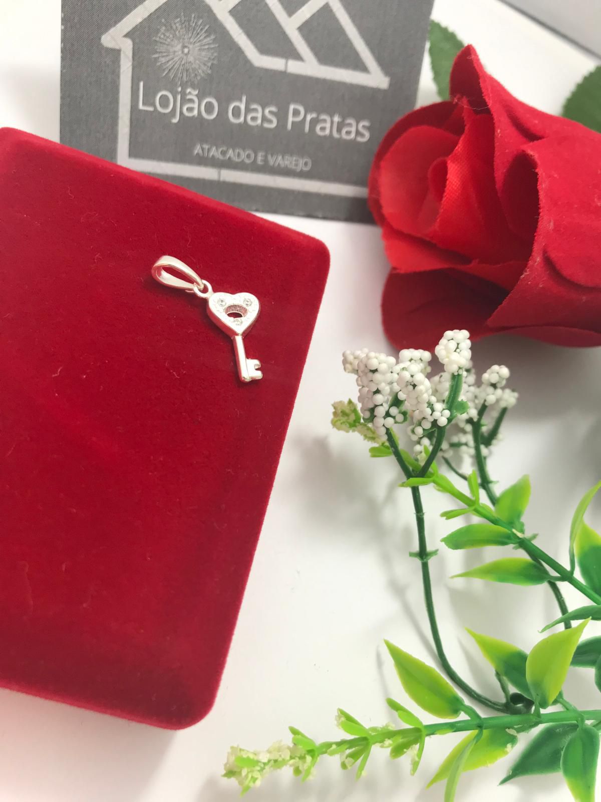 Pingente chave com micro pedras zirconia de Prata 925 - Lojão das Pratas