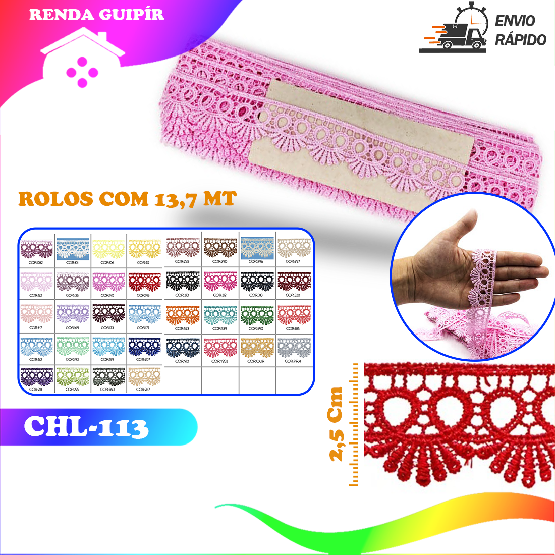 Renda Guipir CHL-113 - 2.5 Cm - Rolo C/13.7 Mts Cor:Coral - Casa ...