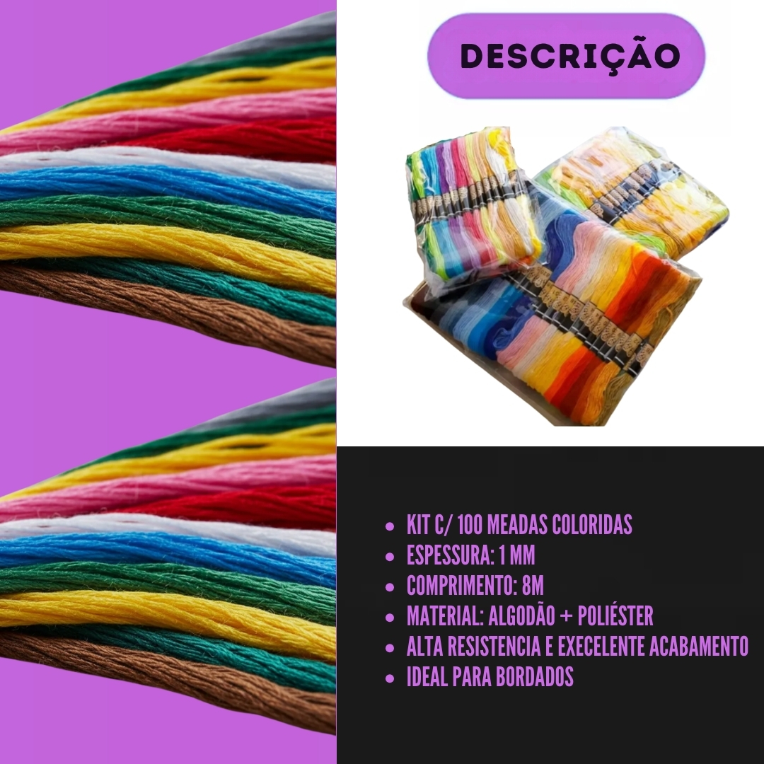 Kit 100 Meadas Para Bordado Diversas Cores Sortidas 8m/6 Fios - Casa ...