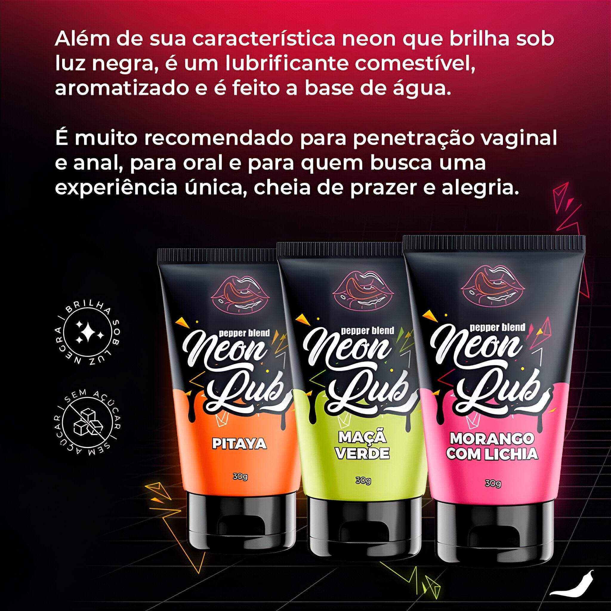 Neon Lub Gel Comestível Maça Verde Brilha em Luz Negra 30g Pepper Blend ...