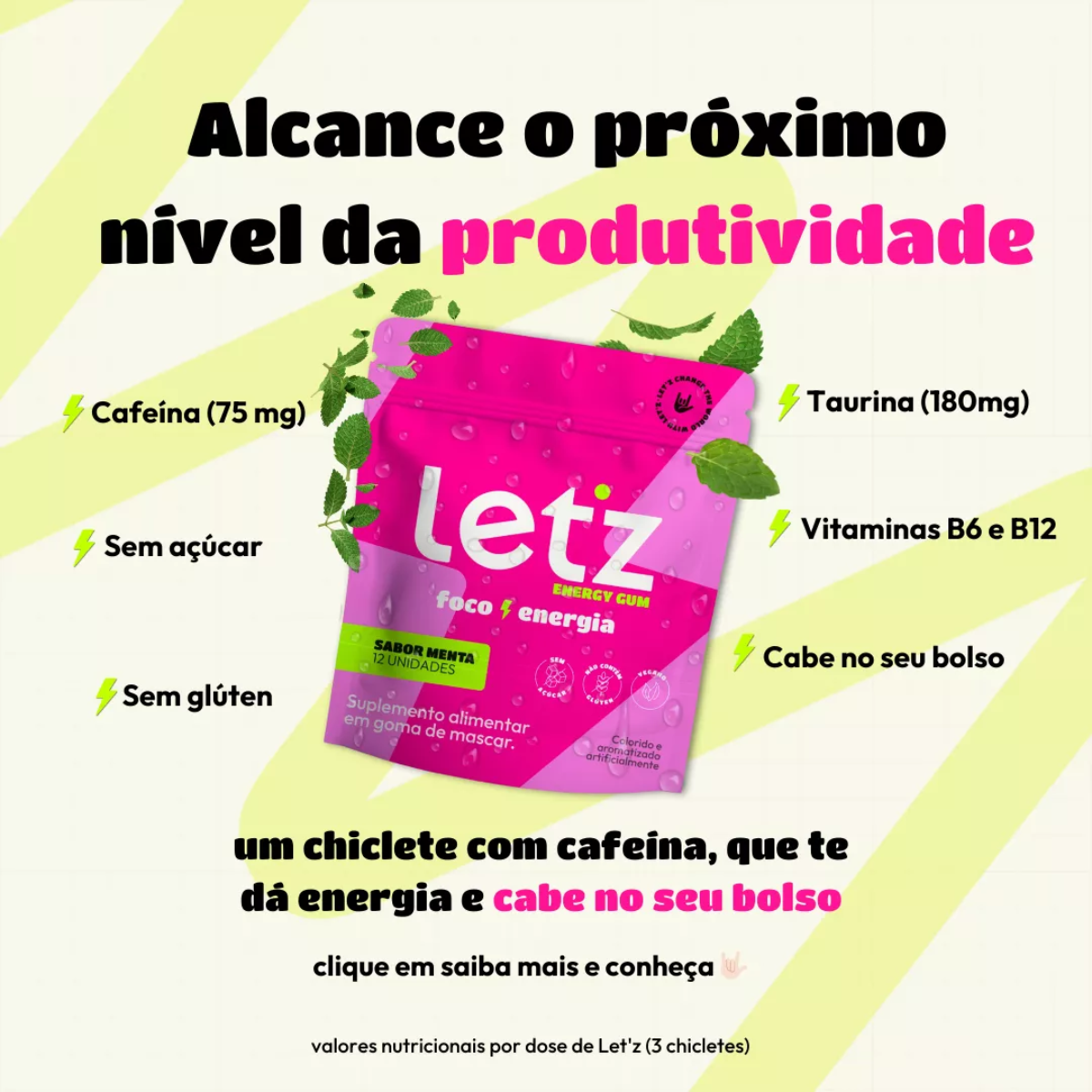 Chiclete Energético Letz Gum Pré-treino Cafeína Taurina 1 Pacote - Meu ...