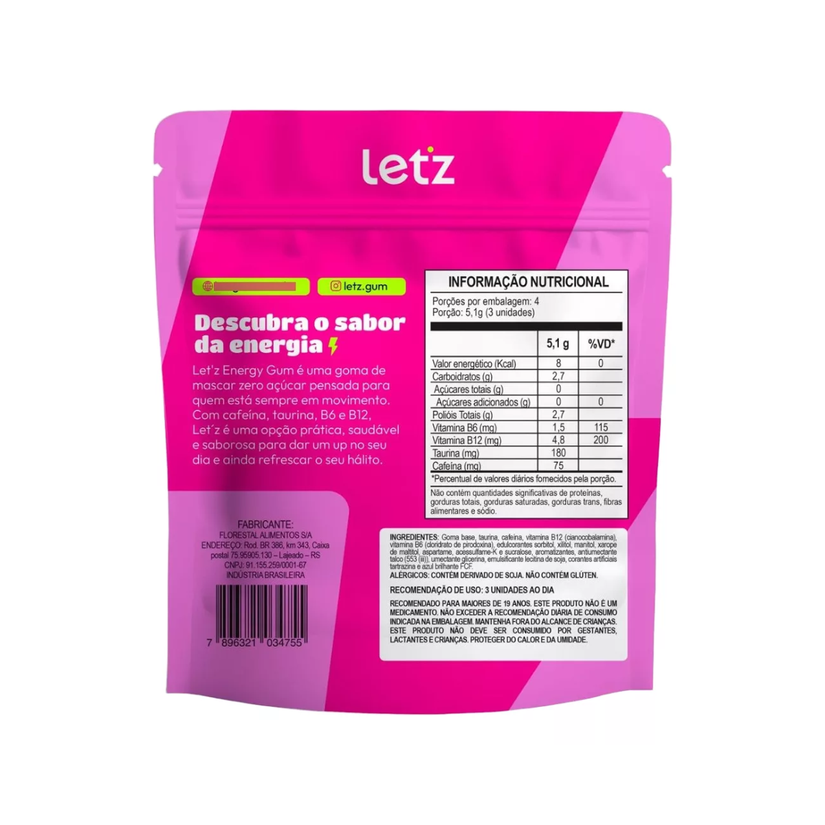 Chiclete Energético Letz Gum Pré-treino Cafeína Taurina 1 Pacote - Meu ...