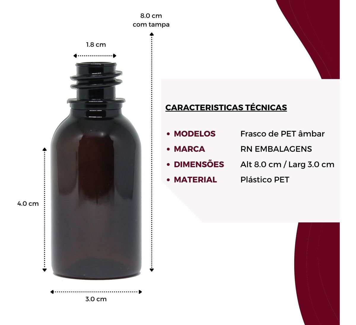 Frasco de PET Âmbar de 30ml com Batoque gotejador (10 unid) - RN Embalagens