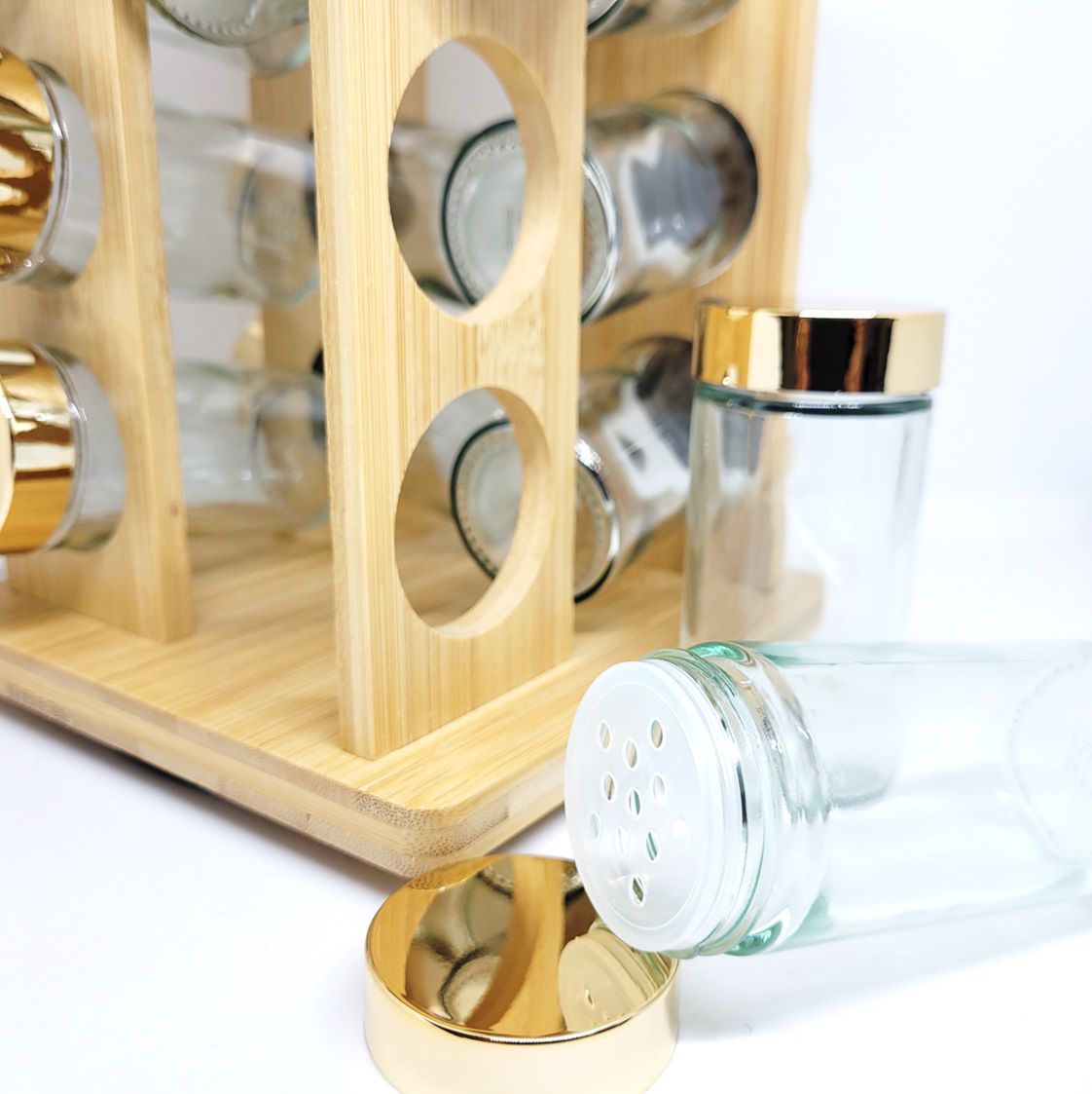 Porta Condimentos Giratório Bambu Eco Prime 12 Potes Tampa Dourado Gold ...