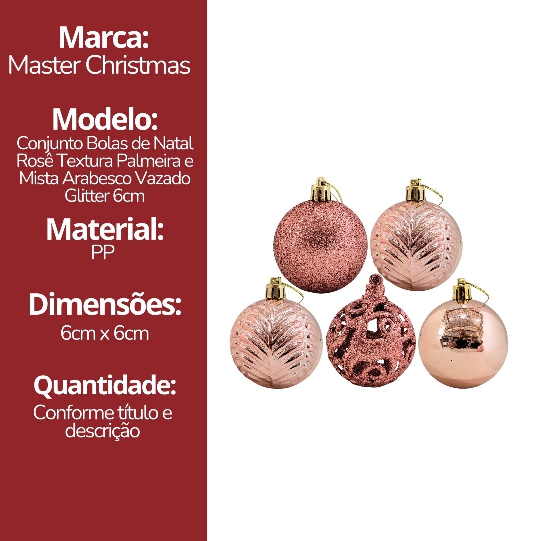 Jogo 9 Bolas Natal Textura Folha Palmeira Rosê Metalizado Luxo e ...