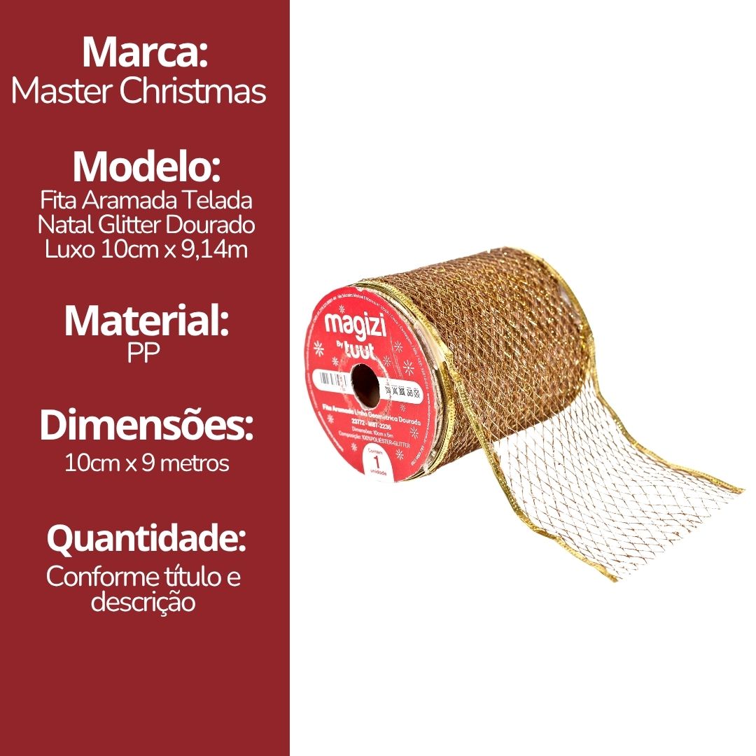 Fita Aramada Decorativa Natal Dourada Glitter Luxo Telada 10cm x 9m ...