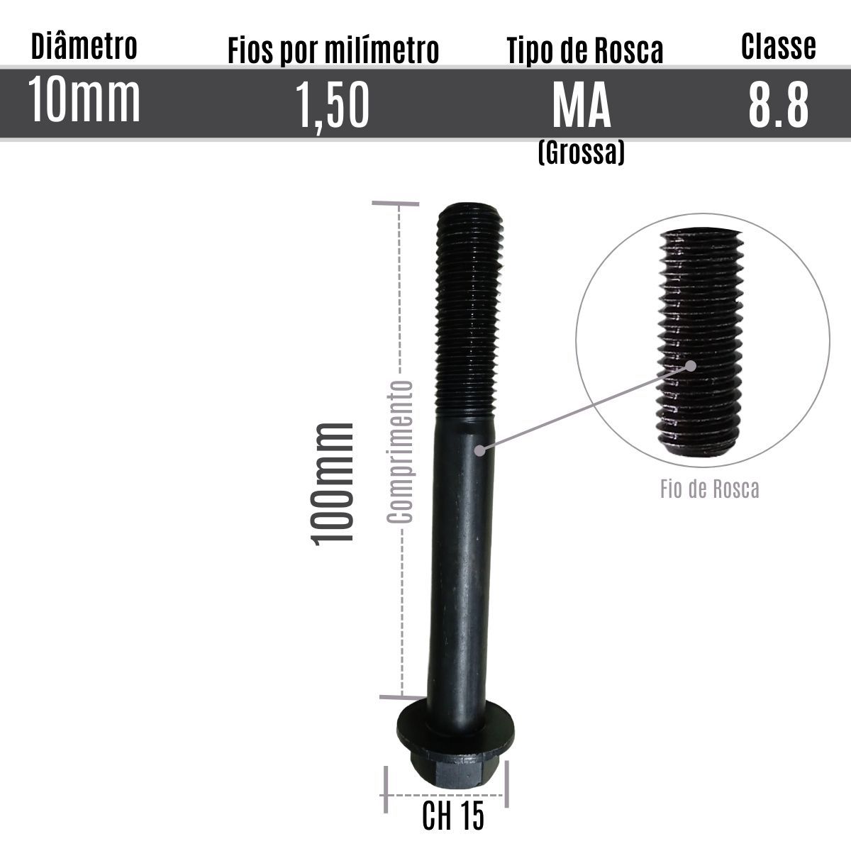 Parafuso Sextavado Flangeado 10mm R. Grossa Fio 1,5 Aço 8.8 - Parafusos ...