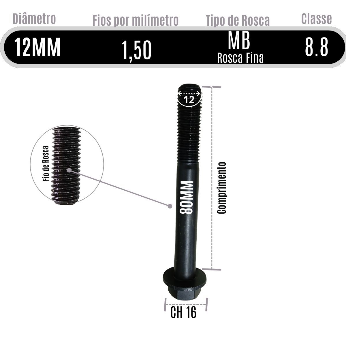 Parafuso Sextavado Flangeado 12mm Rosca Fina Fio 1,5 Aço 8.8 ...
