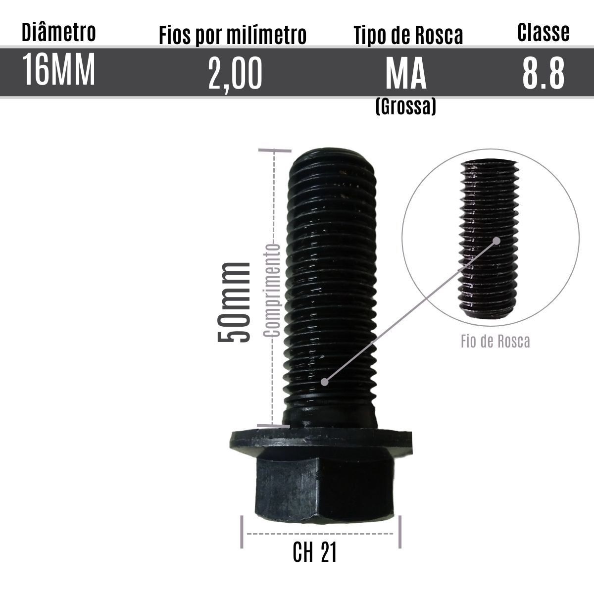 Parafuso Sextavado Flangeado 16mm R. Grossa Fio 1,5 Aço 8.8 - Parafusos ...