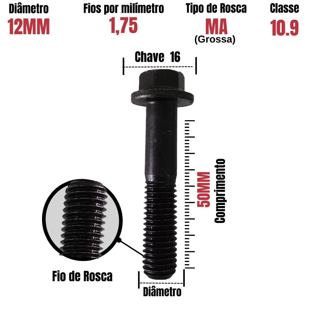 Parafuso Sextavado Flangeado 14mm 10.9 Fio 2,0 Rosca Grossa MA ...