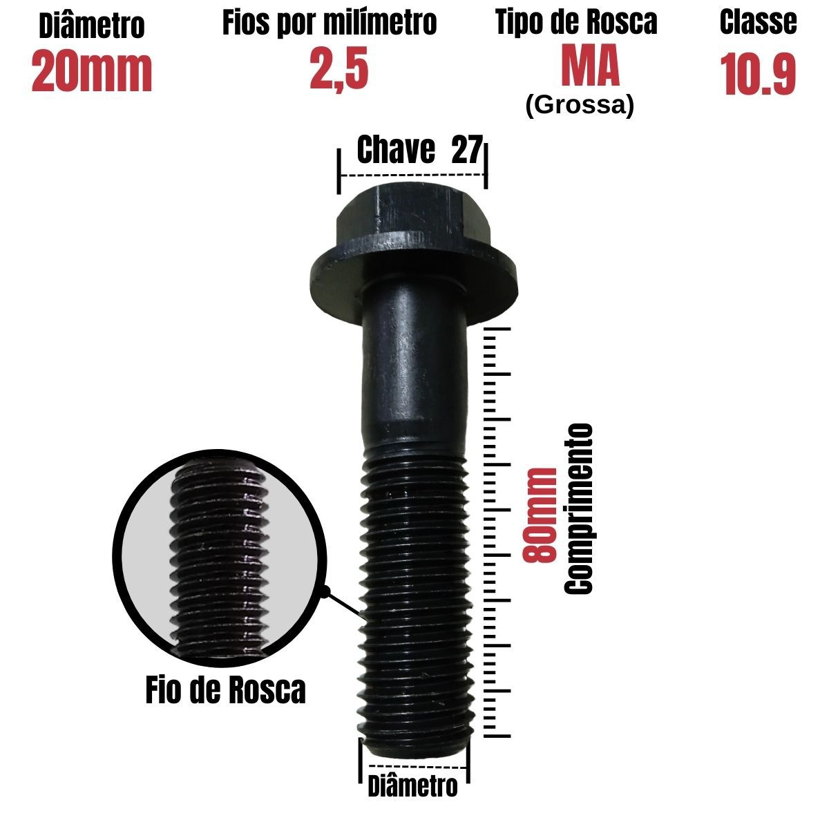 Parafuso Sextavado Flangeado 20mm 10.9 Fio 2,5 Rosca Grossa MA ...