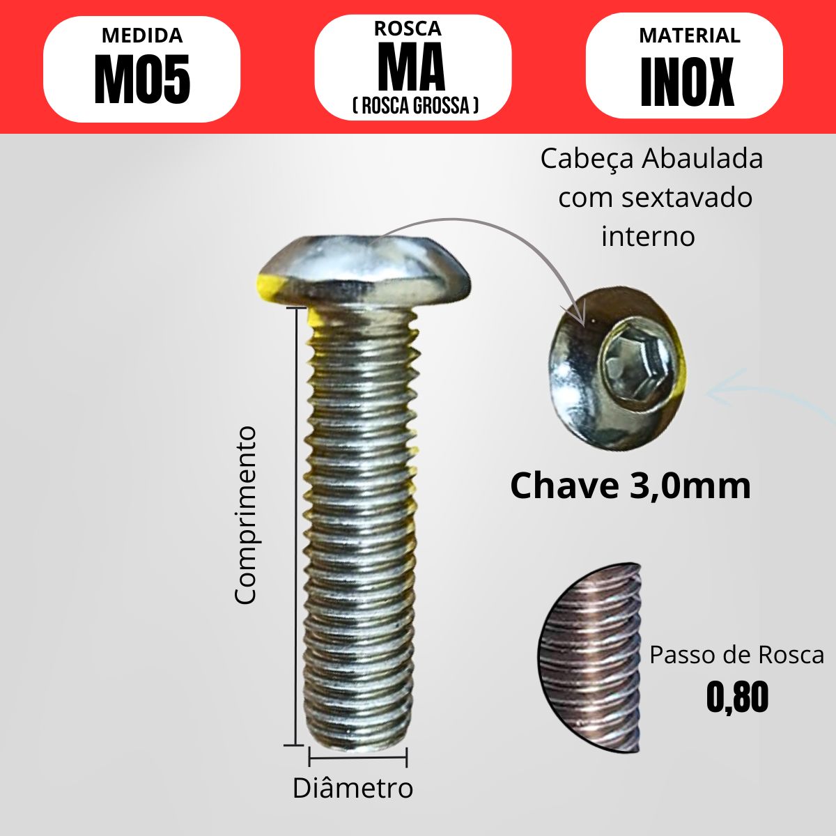 Parafuso Allen Inox M5 Cabeça Abaulada Rosca Grossa MA - Parafusos e ...
