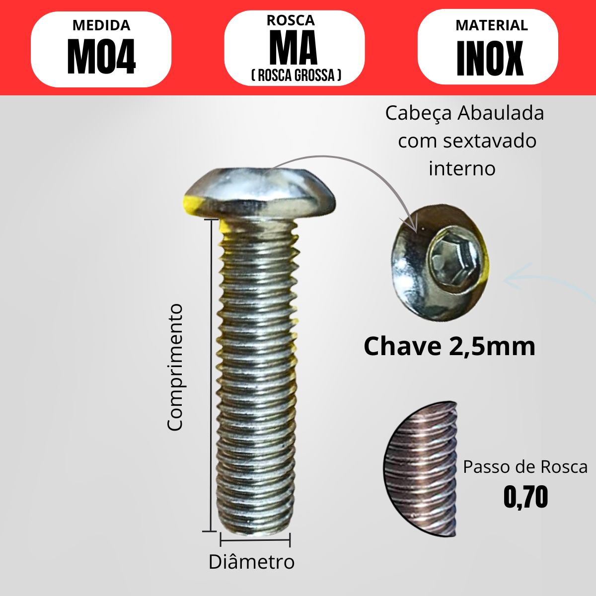 Parafuso Allen Inox M4 Cabeça Abaulada Rosca Grossa MA - Parafusos e ...