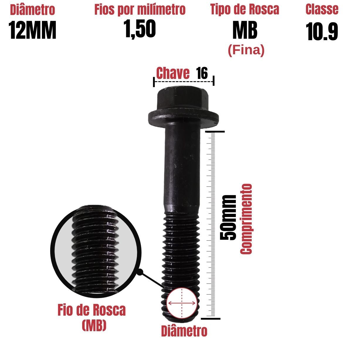 Parafuso Sextavado Flangeado 12mm Rosca Fina 10.9 Fio 1,5 MB ...