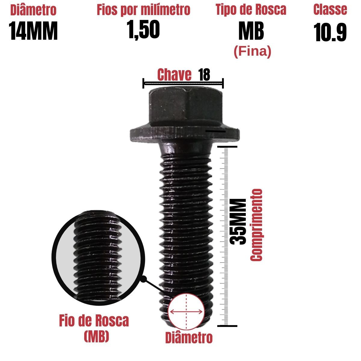 Parafuso Sextavado Flangeado 14mm Rosca Fina 10.9 Fio 1,5 MB ...