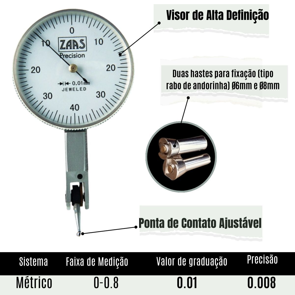 Relogio Apalpador Visor de Alta Definição Ponta Ajustável 0,008 ZAAS ...
