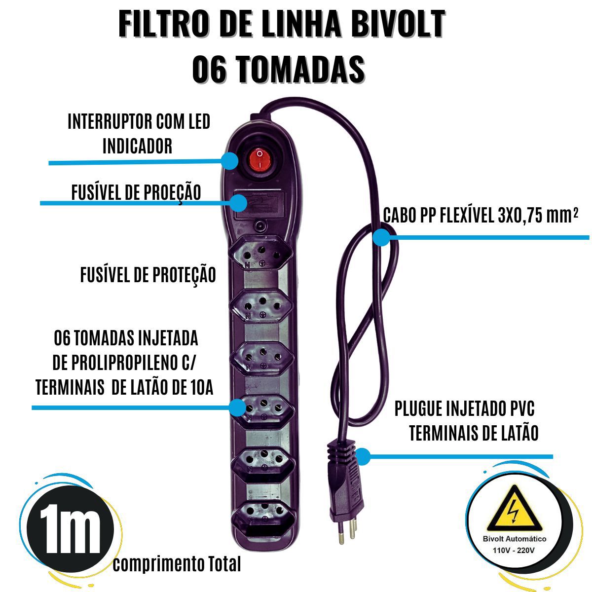 Filtro de Linha Extensão Bivolt 6 Tomadas 1M Preta LIEGE - Parafusos e ...