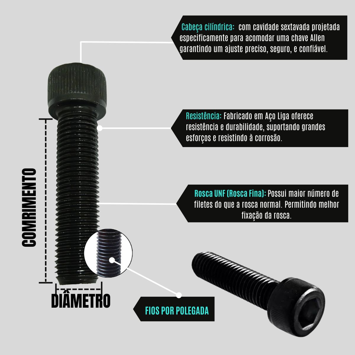 Parafuso Allen 1/4 Cabeça Cilindrica 28 Fios Rosca Fina UNF - Parafusos ...