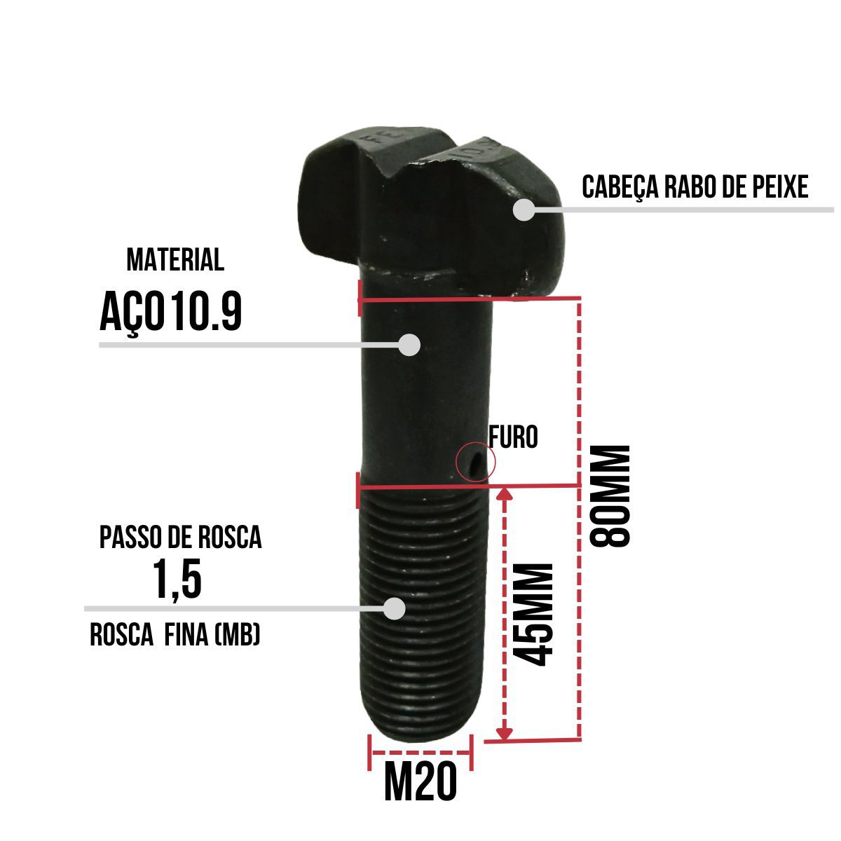 Parafuso de Roda Raiada M20x80 Aço 10.9 Carreta RANDON NOMA - Parafusos ...