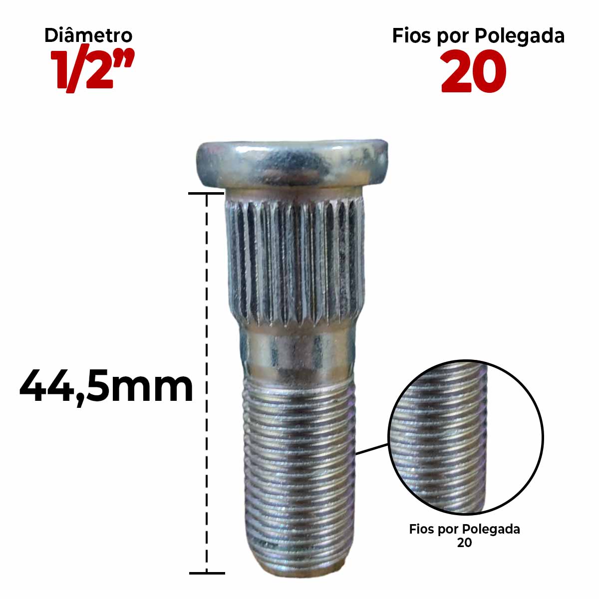 Parafuso Roda Dianteira 1/2x44,5 20 Fios UNF Tratores Valmet ...