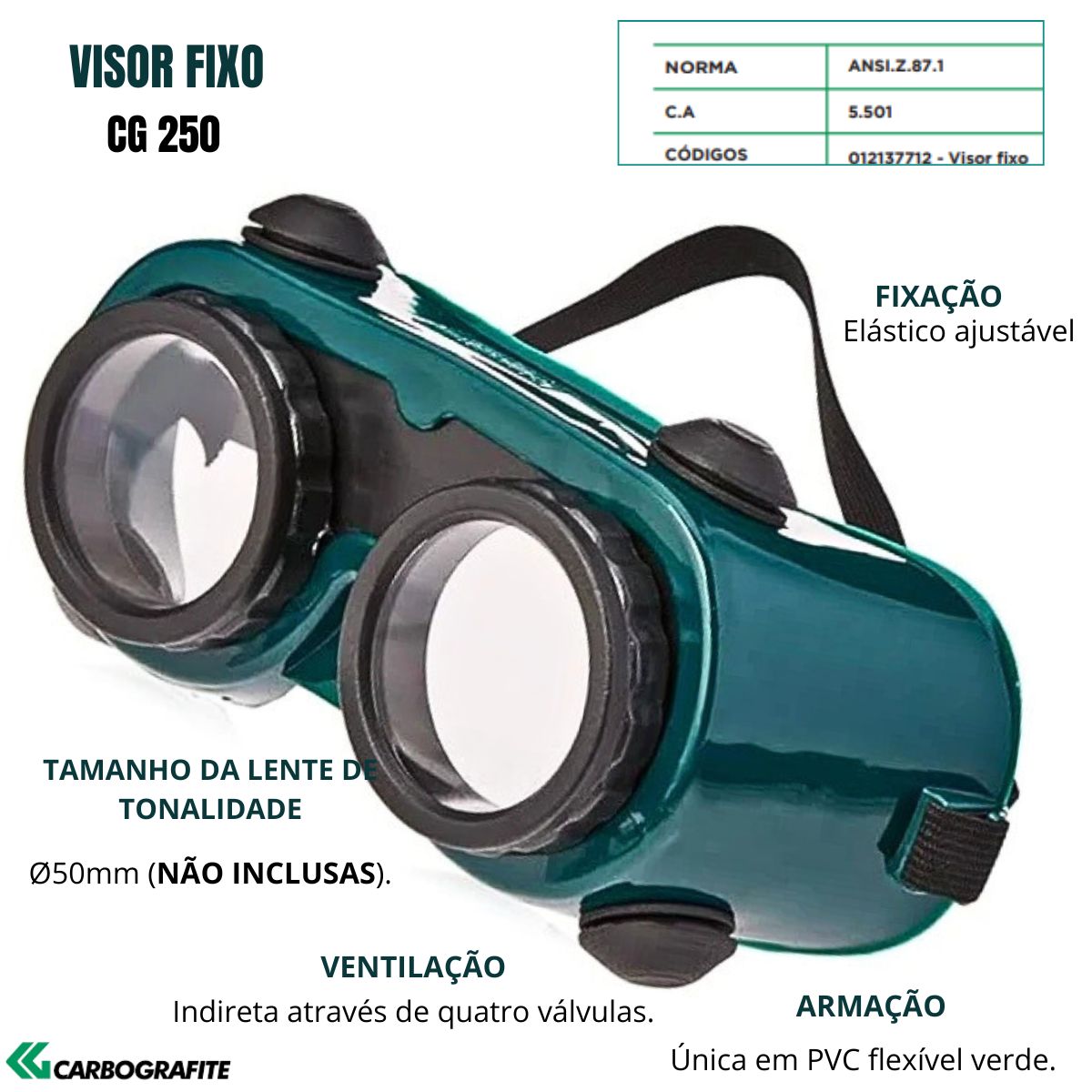 Oculos de Proteção Solda Corte Visor Fixo CG250 CARBOGRAFITE ...