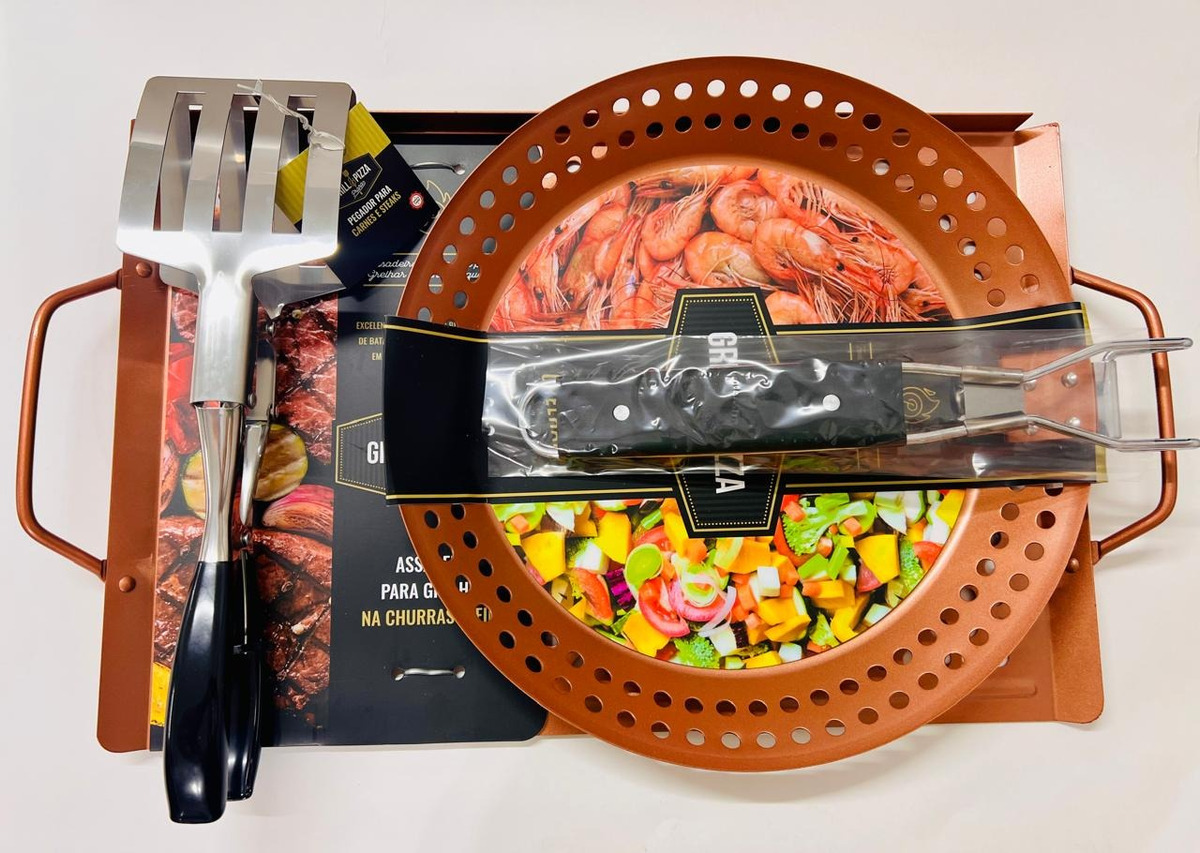 Bandeja E Frigideira Prana Grill & Pizza C/ Pinça Cor Cobre - Vals Magazine
