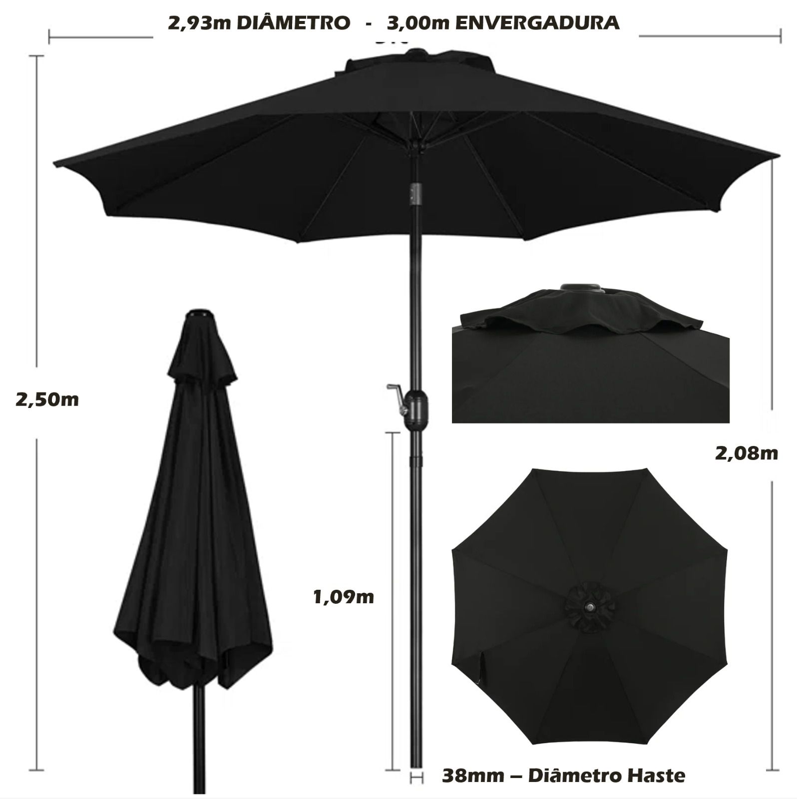 Ombrelone Guarda Sol 3m Grande Com Manivela Articulado Jardim Piscina ...