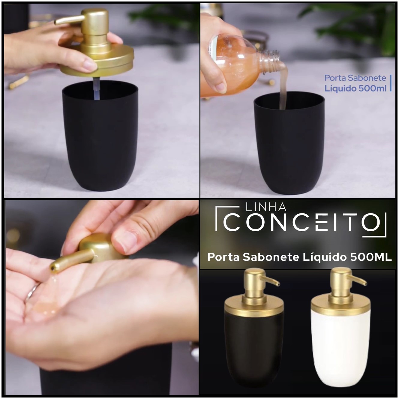 Porta Sabonete Líquido 500ml Preto com Tampa Dourada Fosca - 8080 Arhi ...