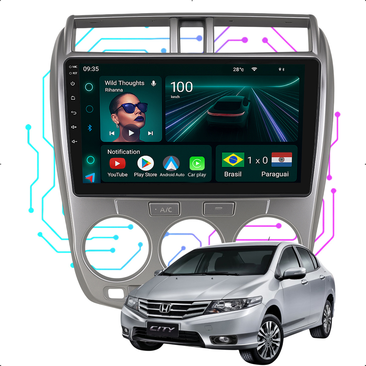 Kit Multimídia Android 9” Honda City 2009 a 2014 | 4GB + 64GB, CarPlay ...