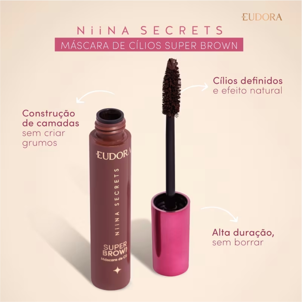 MÁSCARA DE CÍLIOS NIINA SECRETS SUPER BROWN EUDORA - Belezar