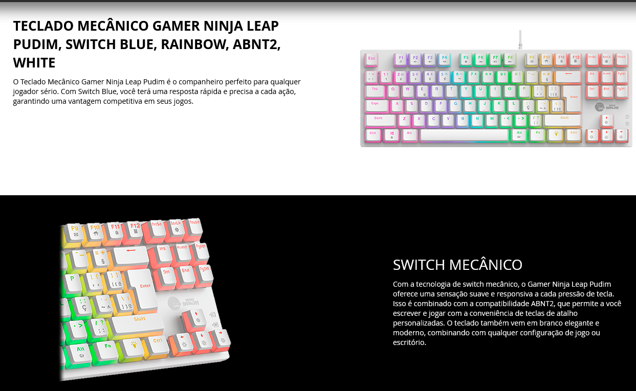 Teclado Mecânico Gamer Branco Ninja LEAP RGB Rainbow USB Switch Blue ...