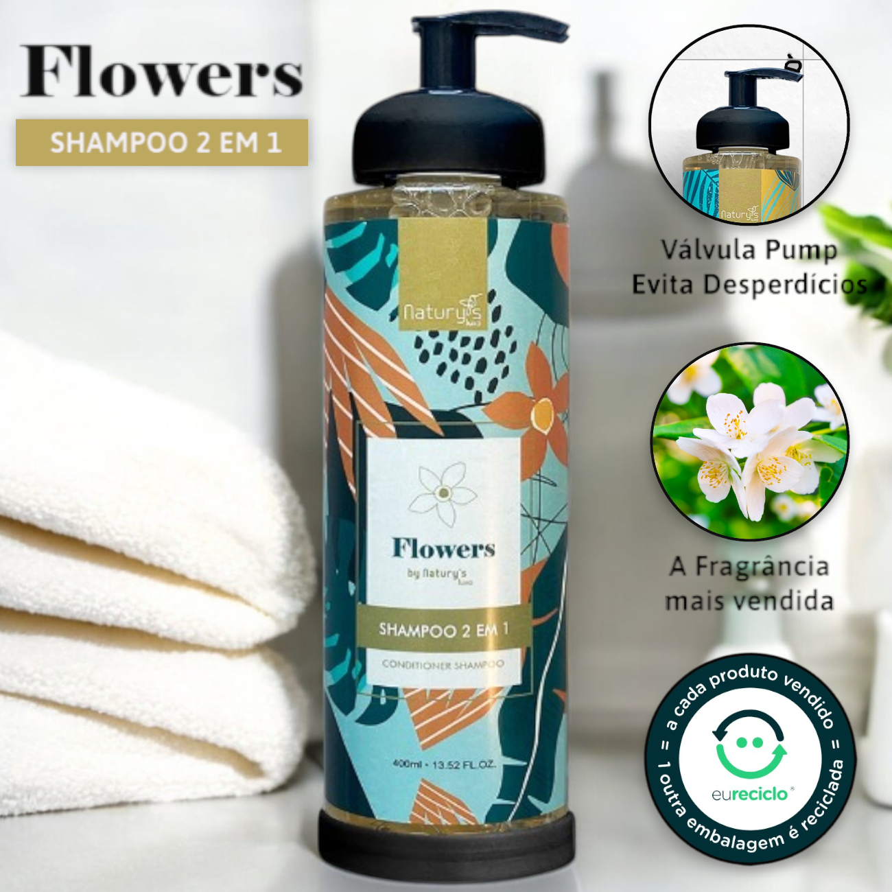 Kit Shampoo 2 em 1 Flowers by Natury's Luxo Frasco 400ml Dispenser ...