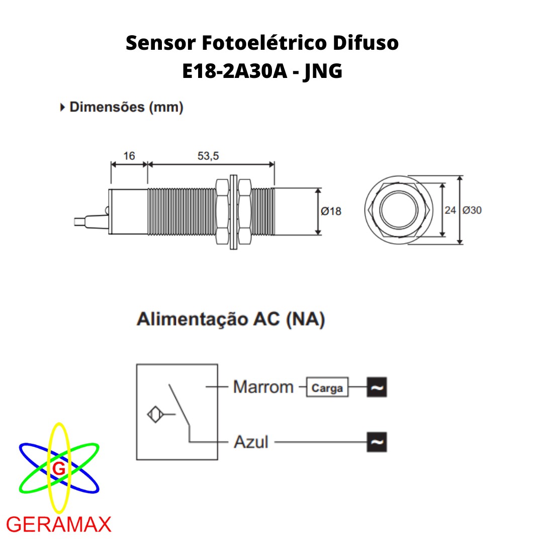 SENSOR FOTOELETRICO DIFUSO E18 2A30A JNG - Loja Geramax