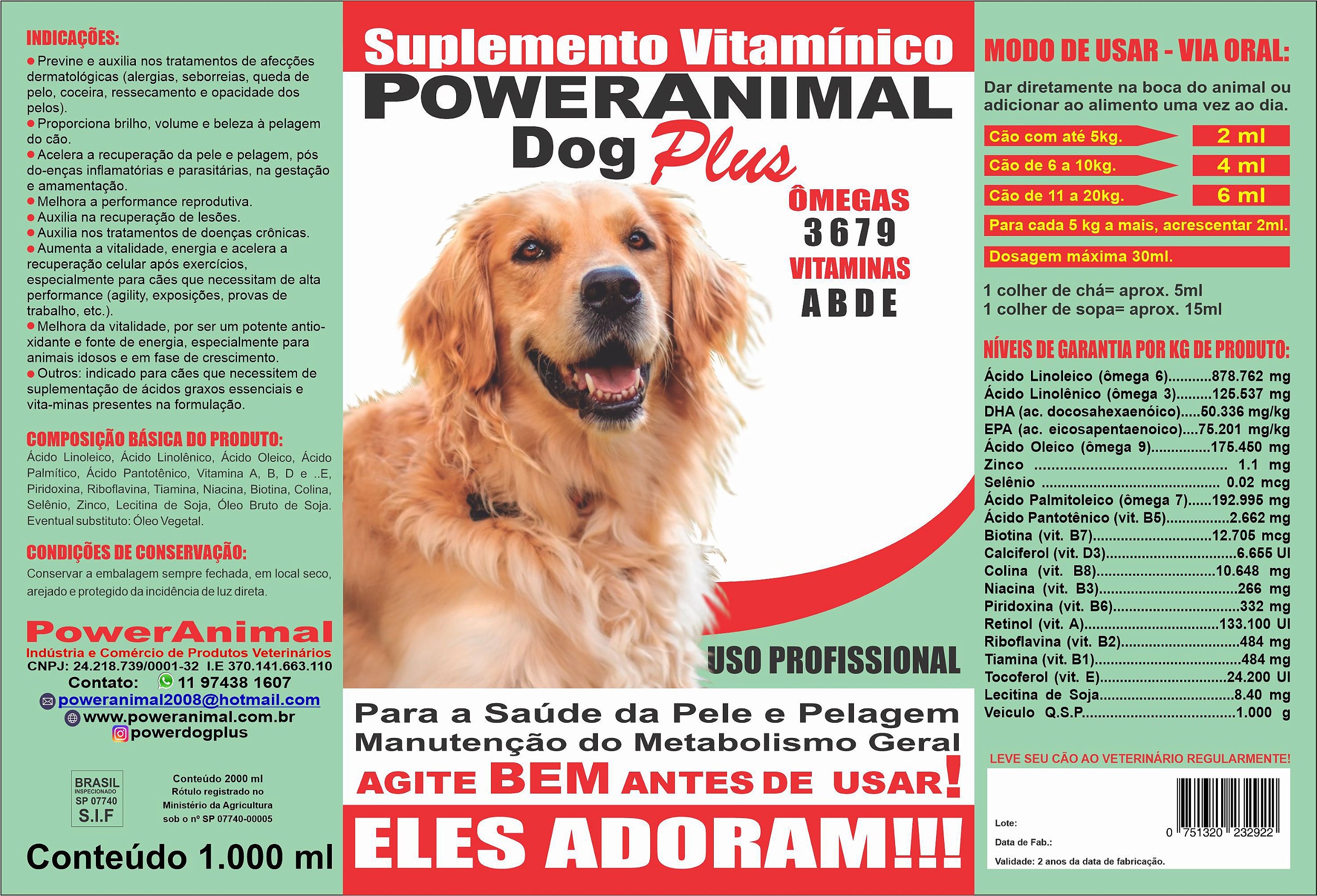 PowerAnimal Dog Plus Uso Profissional - 1000 ml - c/ Omegas 3,6,7 e 9 ...