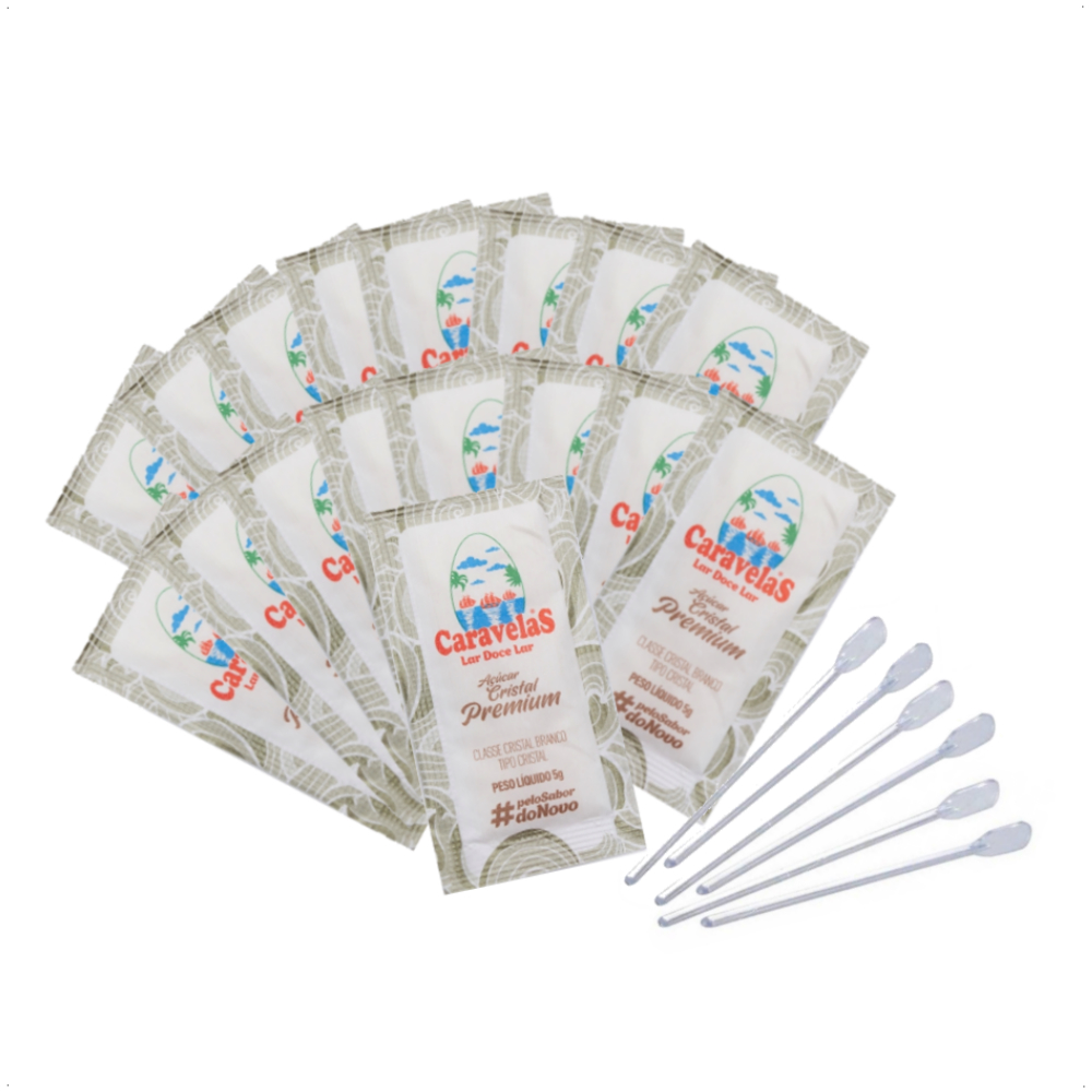 Kit 500 Açúcar Sache 5g e 500 Mexedor 8,5cm de Café Chá - Tagata Store
