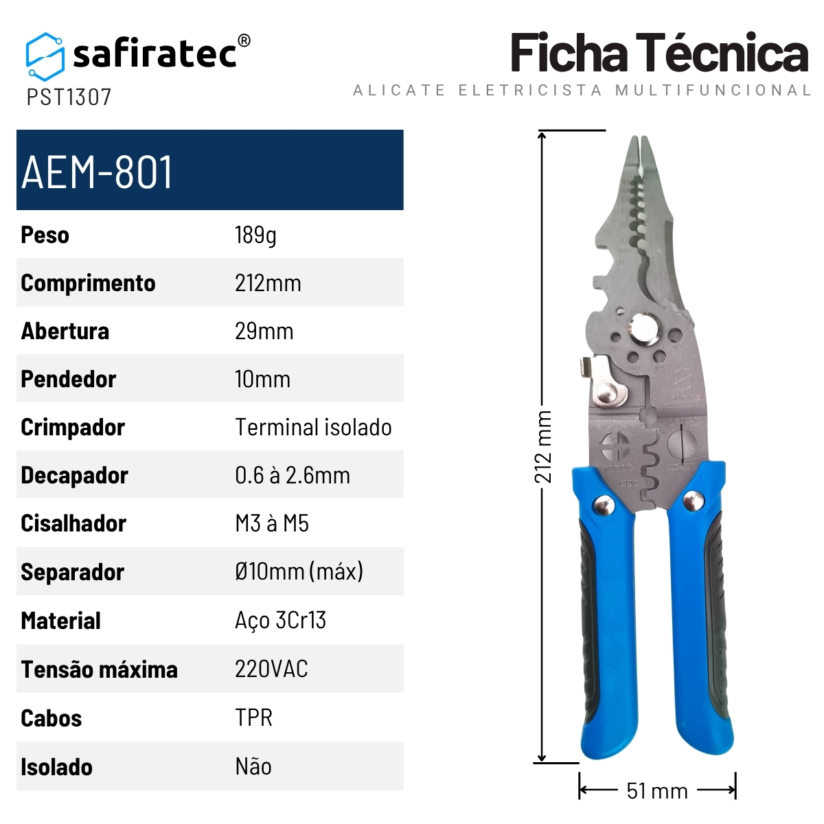 Alicate Universal Multifuncional Eletricista 8 polegadas Safiratec AEM801 - Safira Tecnologia