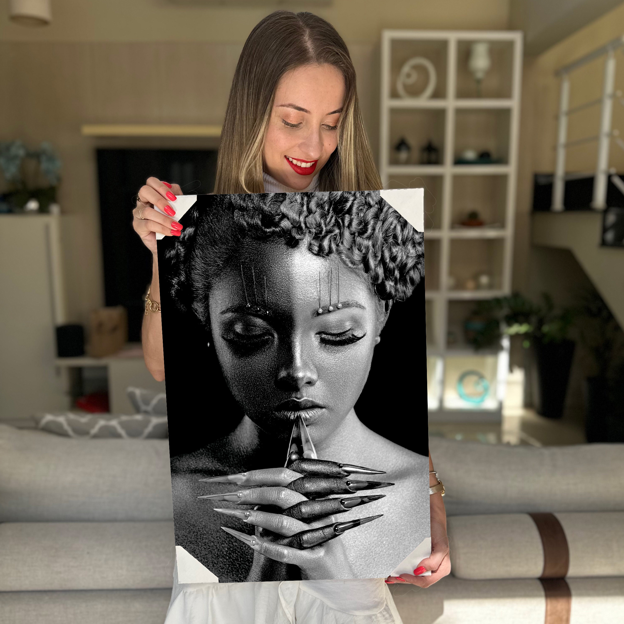 Quadro Decorativo Canvas Mulher Preto e Cinza Olhos Fechados - Estilo ...