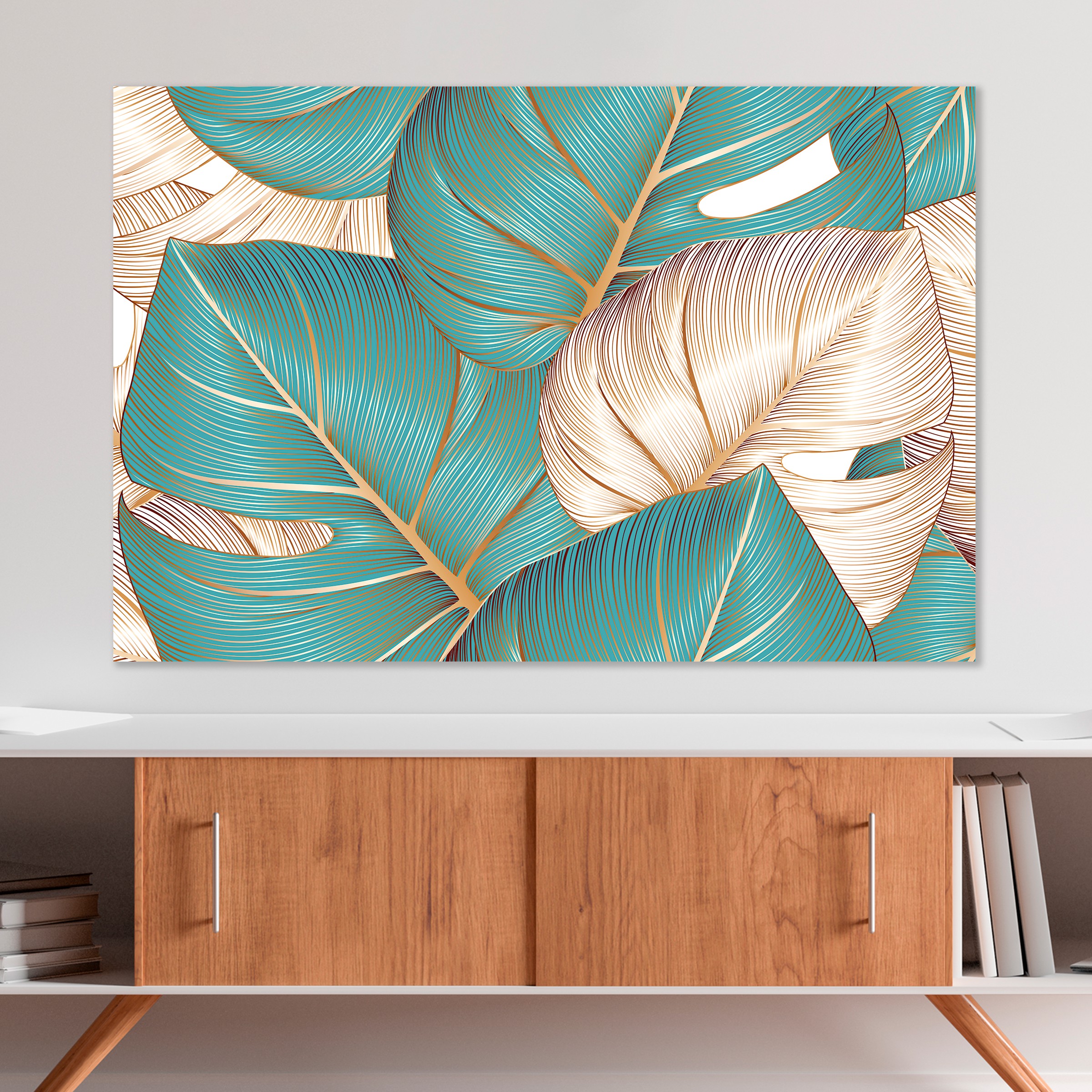 Quadro Decorativo Canvas Folhas Abstratas em Linhas Minimalistas Azul ...