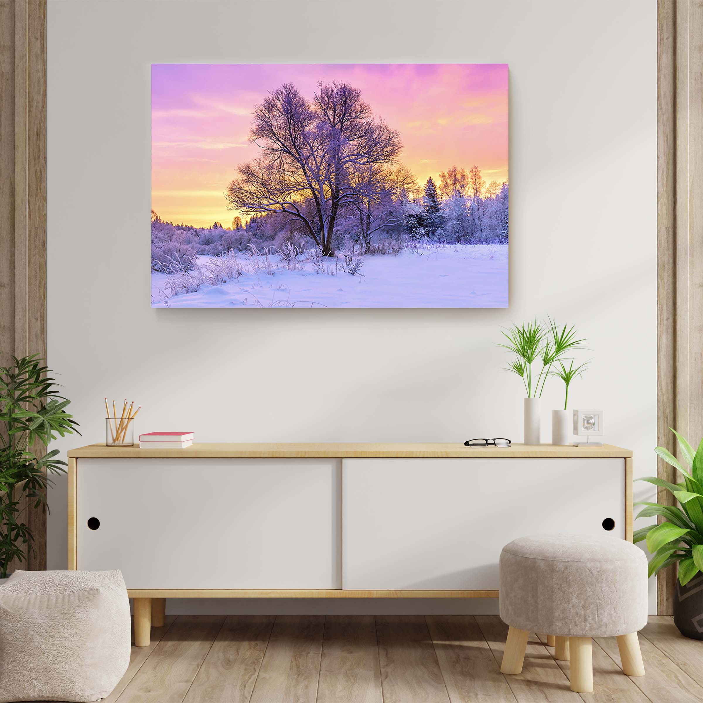 Quadro Decorativo Canvas Amanhecer Floresta de Pinheiro Neve de Invern ...