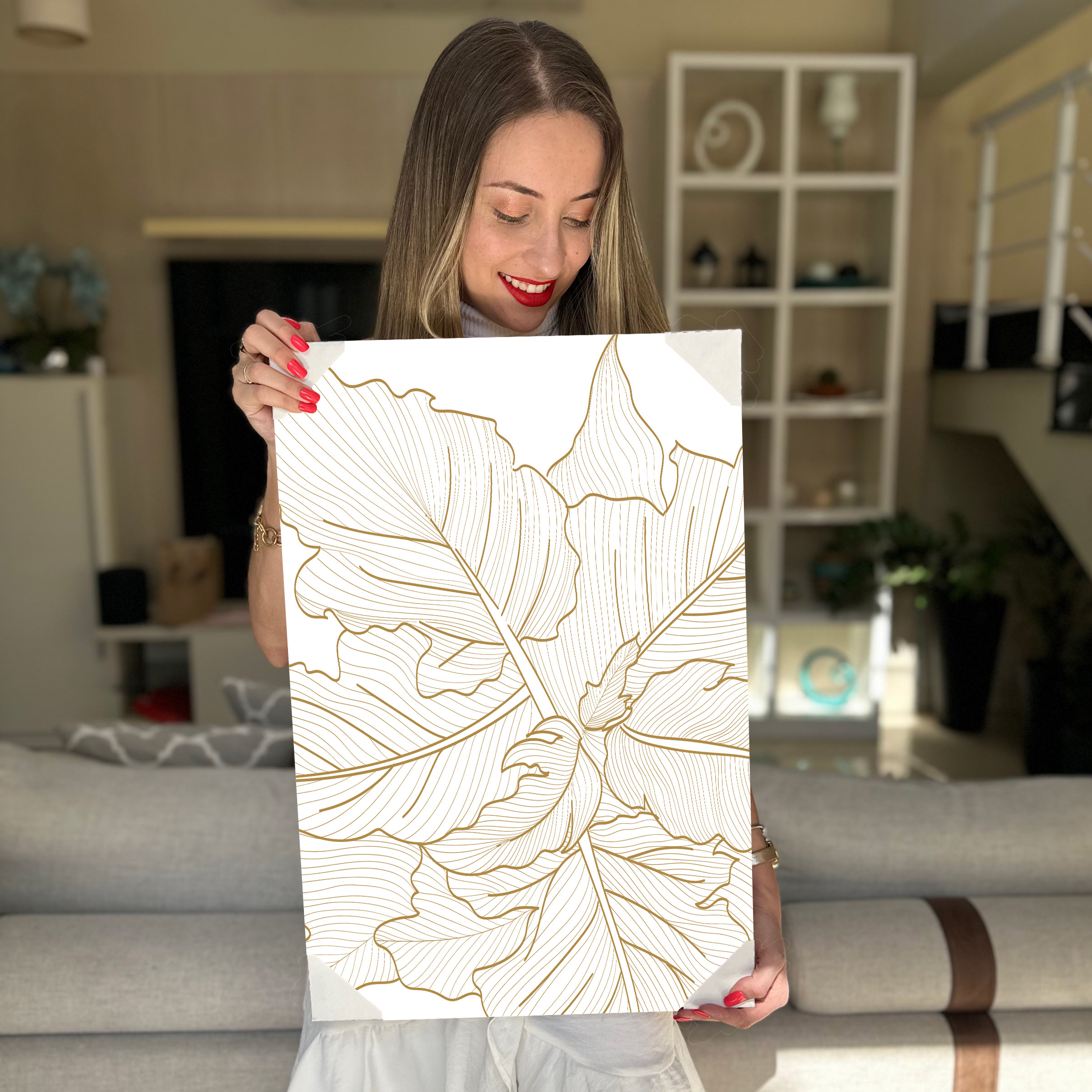 Quadro Decorativo Canvas Floral Traços da Flor em Dourado - Estilo Arte ...