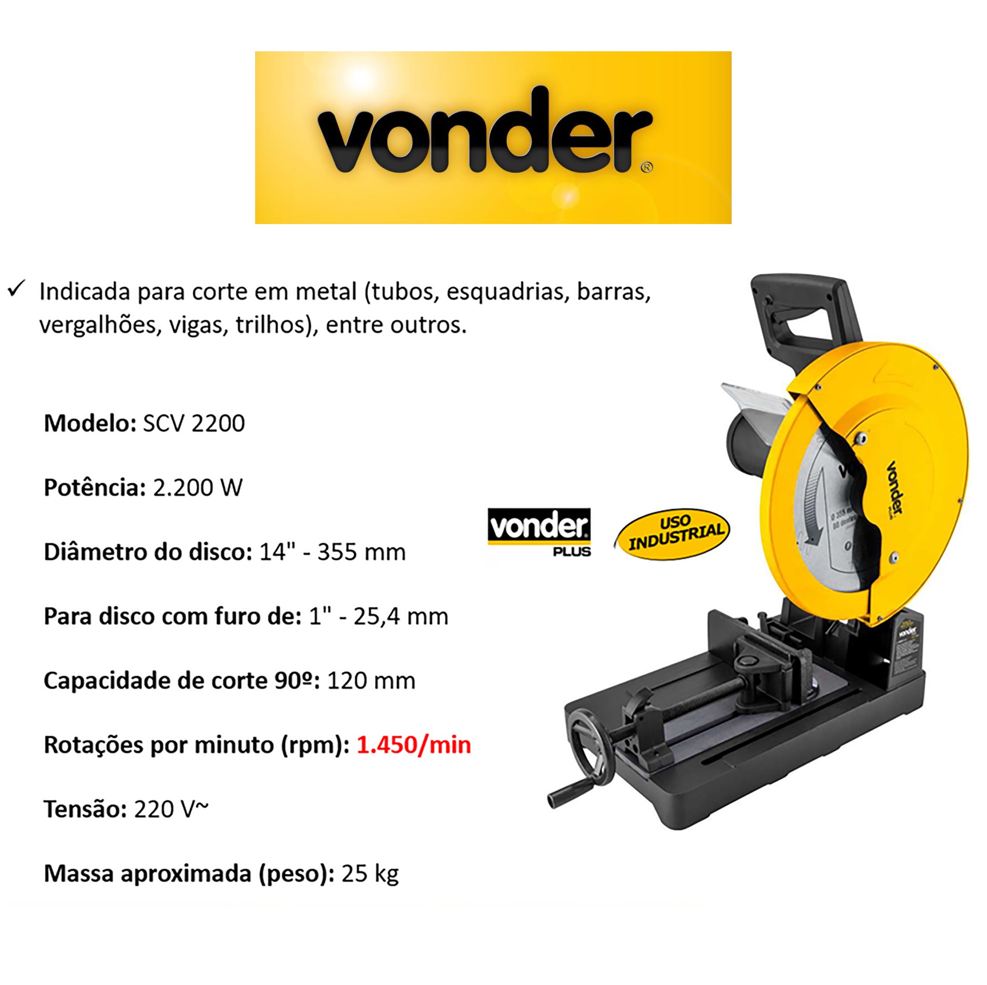 Serra Policorte Vonder Scv2200 220v 14" Baixa Rotação Alto Torque ...