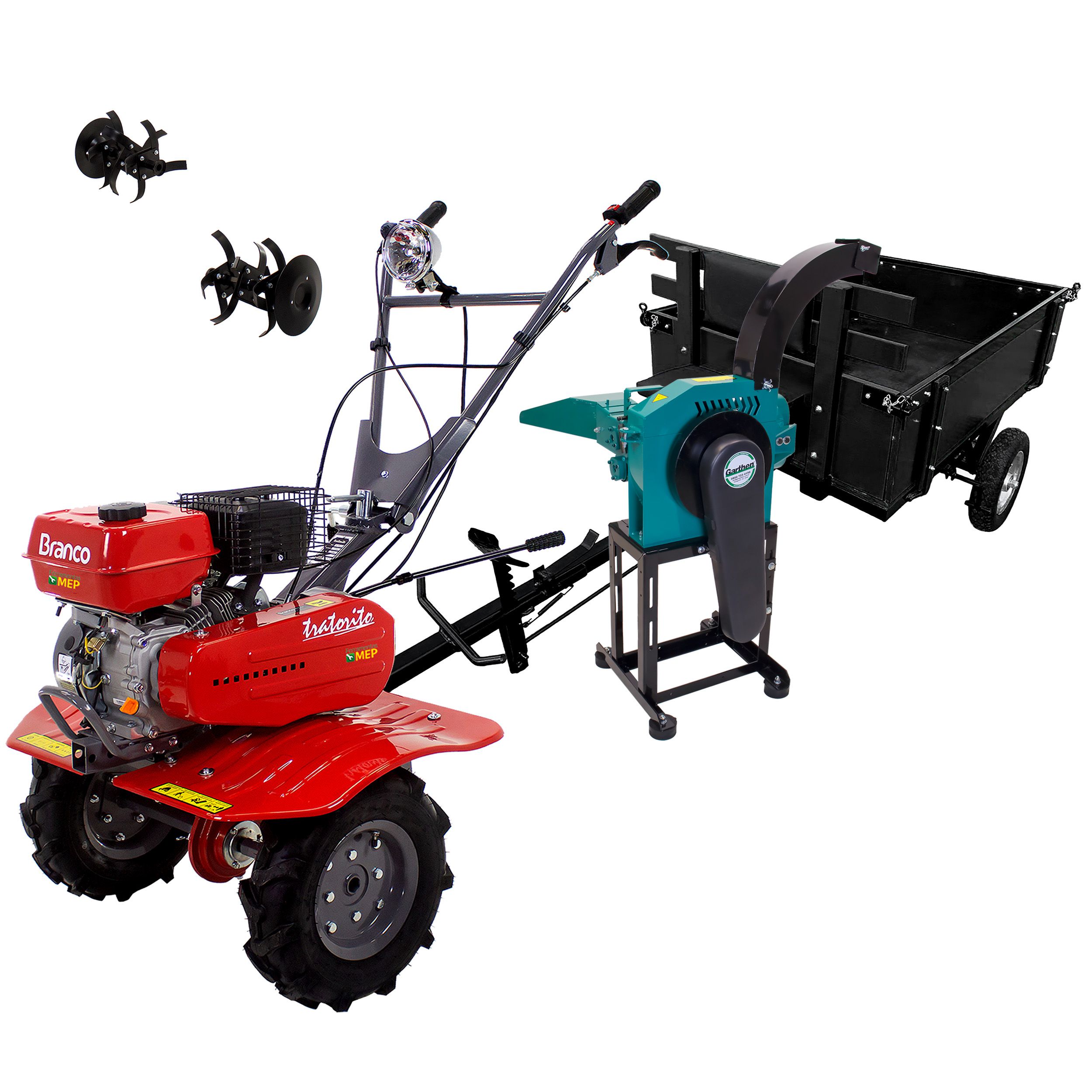 Motocultivador a Gasolina Branco Bttg 6,5 800 com Ensiladeira Garthen Gte2000c Acoplada e ...