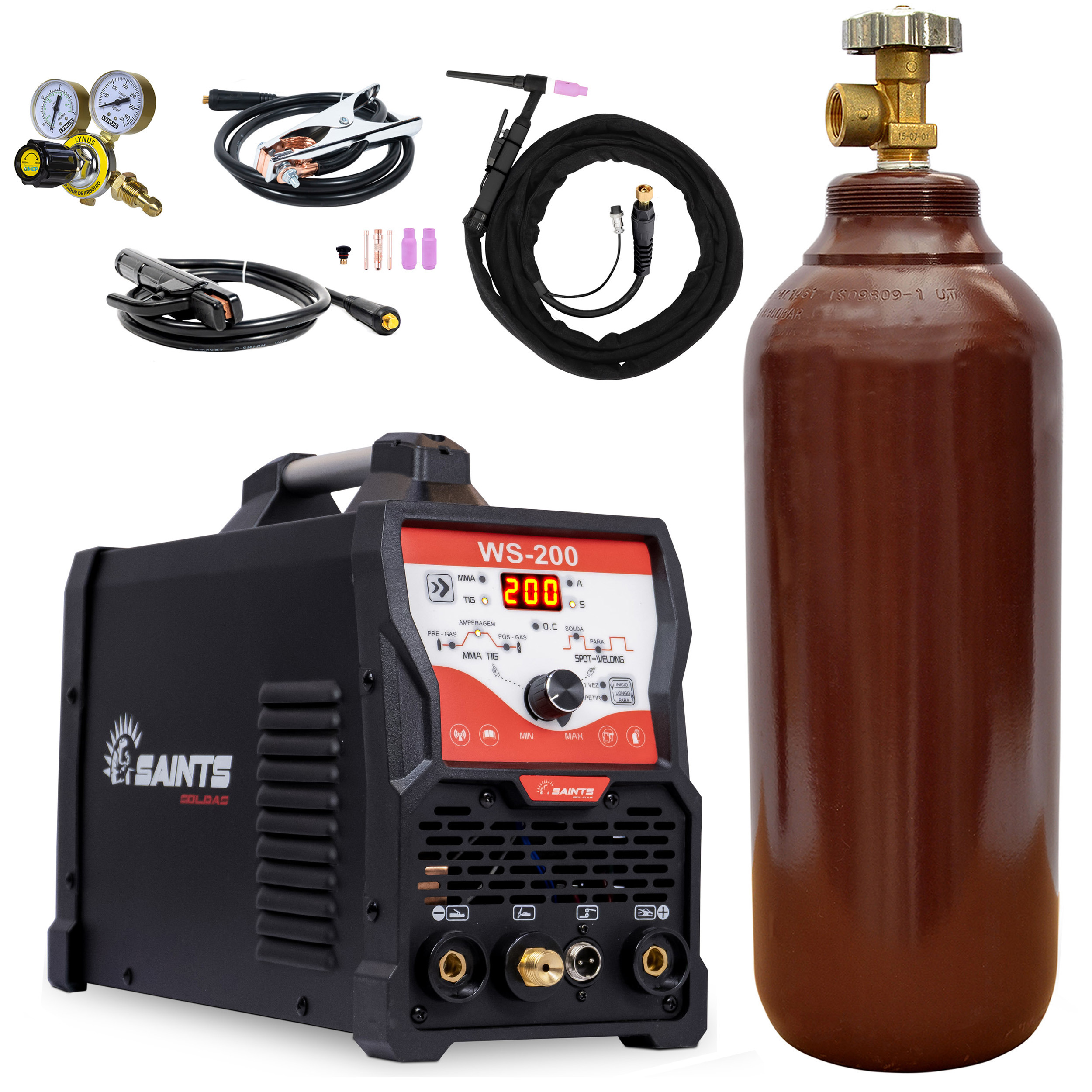 Inversor de Solda Tig Mma Saints Ws200 Spot 200a 220v Completa Cilindro 1m³ Regulador Sc7 ...