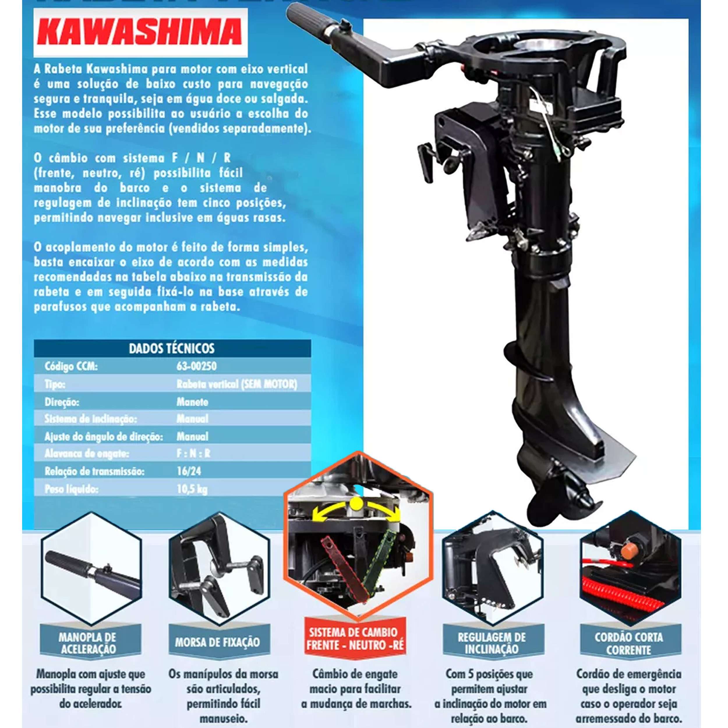 Motor de Popa a Gasolina Kawashima GV600-M 5600635 6hp 4t com Rabeta Marchas Frente Neutro Ré ...