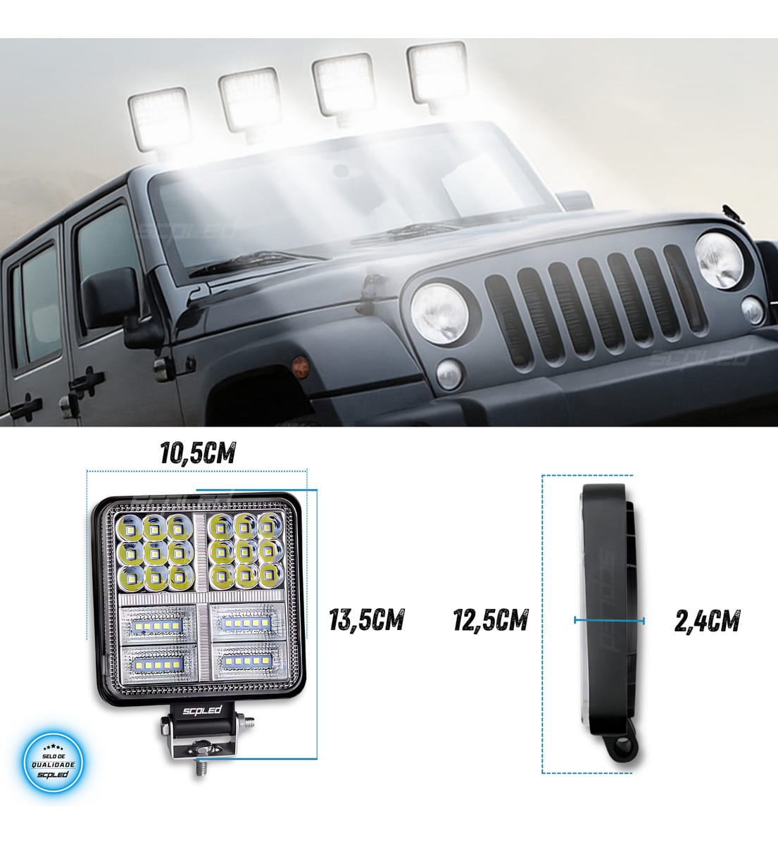 PAR FAROL DE MILHA QUADRADO COM DRL 126W SCP-1126S - Jeep Militar Peças